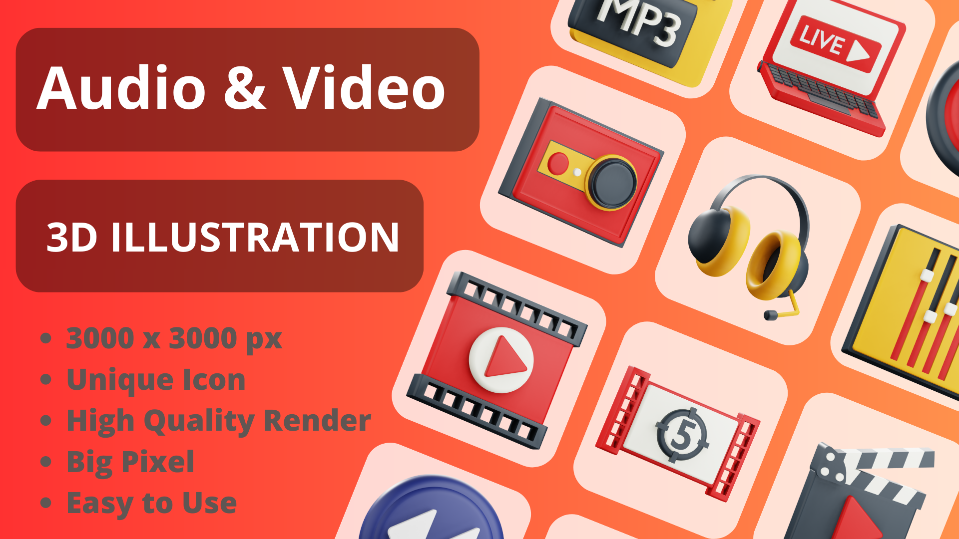 Premium Audio And Video 3D Illustration pack from Entertainment 3D ...