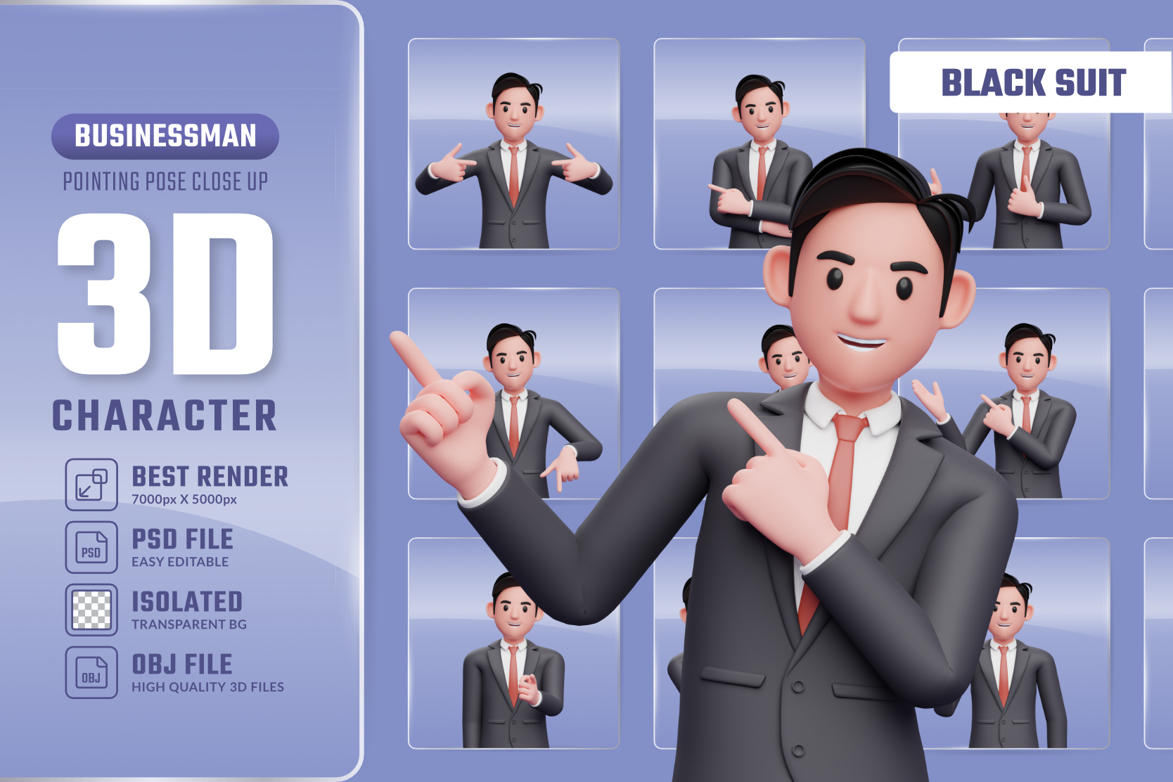 Businessman Pointing Pose In Black Suit 3d Illustration Pack 20 Free Download People 3d