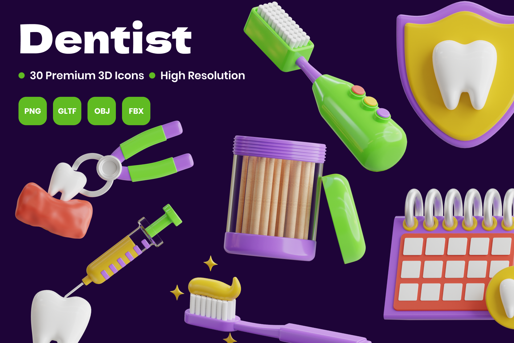 Dentist 3D Illustration Pack - 30 Healthcare & Medical 3D Illustrations | PNG, BLEND, glTF Available
