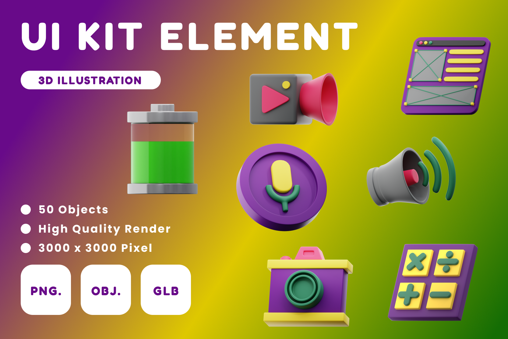 UI Kit Element 3D Illustration Pack - 50 User Interface 3D Illustrations | PNG, BLEND, glTF ...