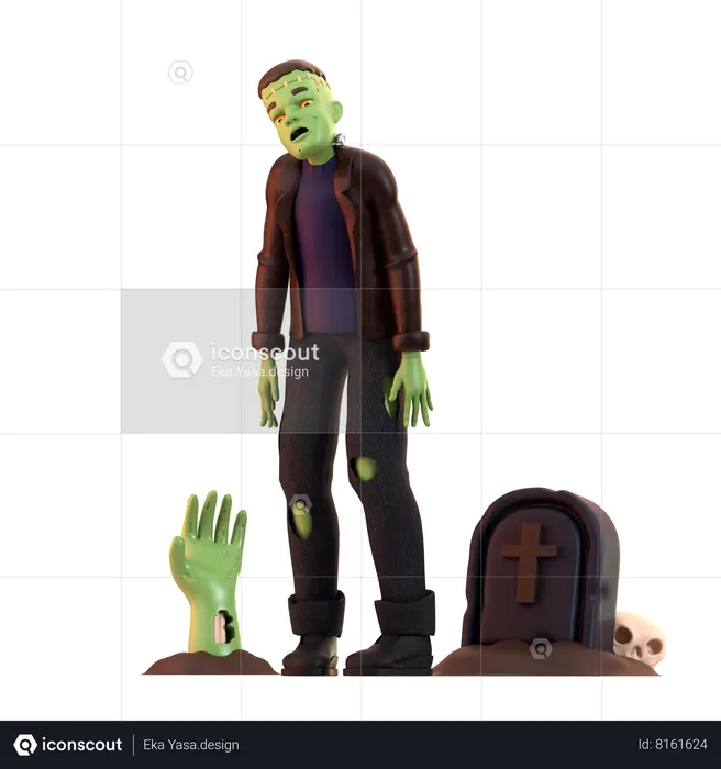 Frankenstein Zombie Standing With Gravestone 3d Illustration Download In Png Obj Or Blend Format
